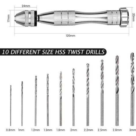 Mini Hand Drill with 10 Micro Twist Drill Bits 0.8mm-3.0mm Mini Micro ...