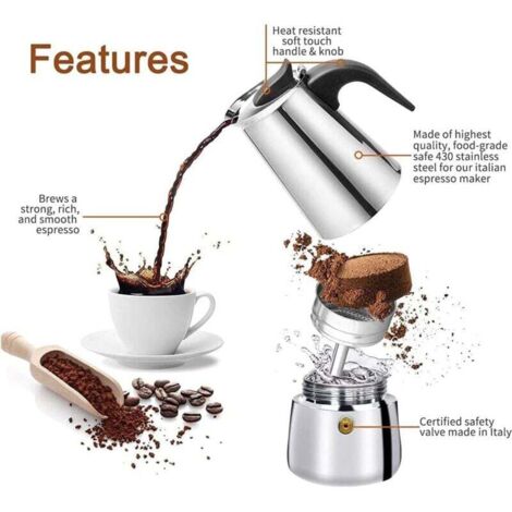 Italian Coffee Maker, 6, 9, 12 Cups, Stainless Steel Moka Pot, Suitable ...