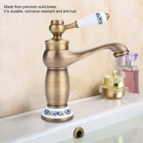 Retro Brass Ceramic Basin Mixer Tap, Blue and White Porcelain Long Neck ...