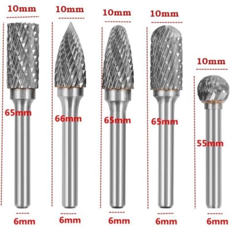 5-piece set of 6mm shank, 10mm head, tungsten carbide, double-cut ...
