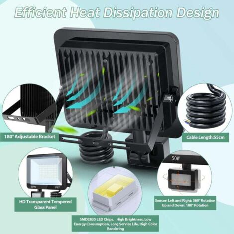 Pack of 2 50W LED outdoor floodlights with motion detector, IP67 ...