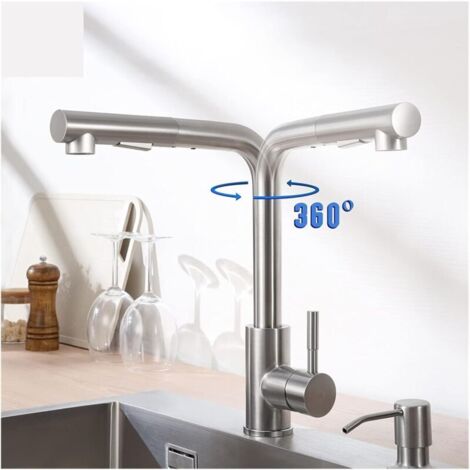360° swivel kitchen tap with pull-out spray head, 2 spray patterns ...