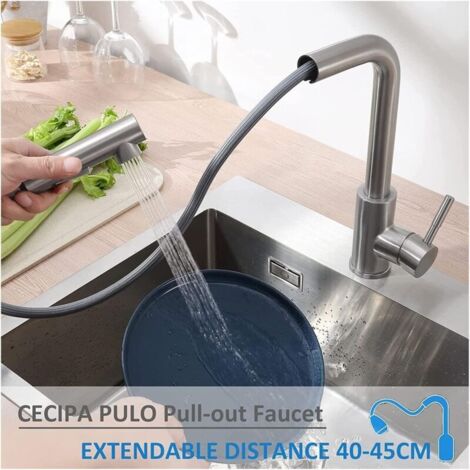 360° swivel kitchen tap with pull-out spray head, 2 spray patterns ...
