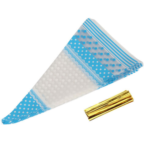 50 clear cone-shaped popcorn bags, cellophane candy bags with blue ...