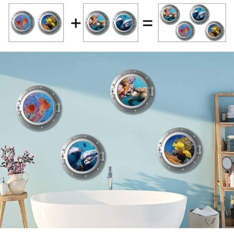 Set of 2 wall stickers 35x35cm, 3D porthole underwater turtles and ...