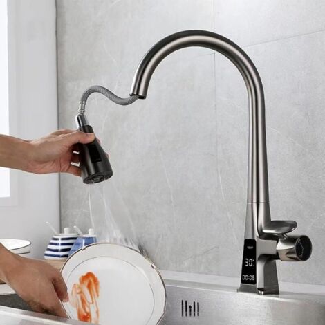 Kitchen faucet with LED digital display, brass sink faucet with pull ...