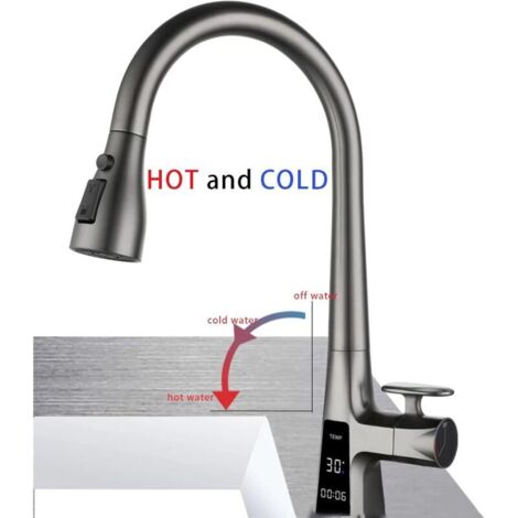 Kitchen faucet with LED digital display, brass sink faucet with pull ...