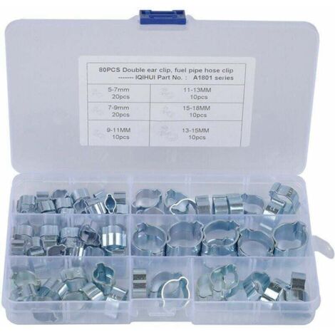 Pack of 80 galvanized double-ear hose clamps for fuel and air,