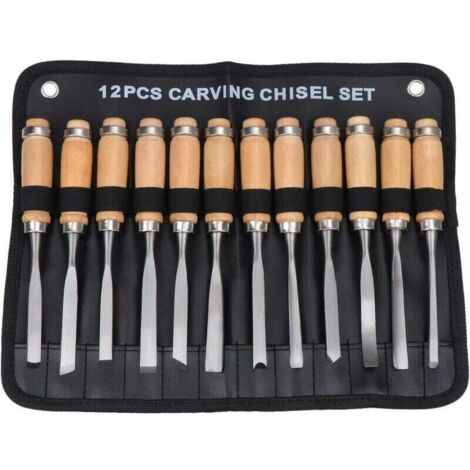 Set of Carved Wooden Hand Chisels, 12-in-1 Woodworking Gouge Tool.