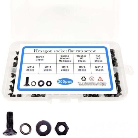 300pcs Black Countersunk Head M3 Bolt Nut, Flat Pad Spring Box Set ...