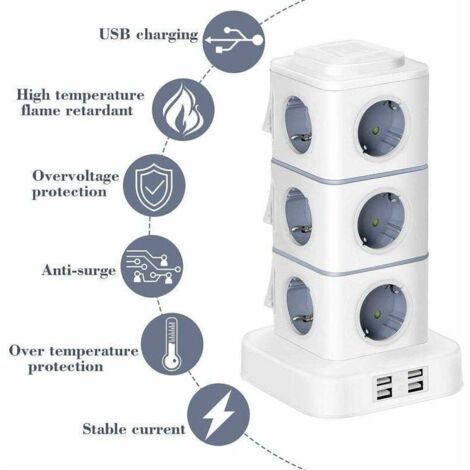 Power Strip Tower, 12 Power Strip Outlets (2500W / 10A) with 4 USB ...