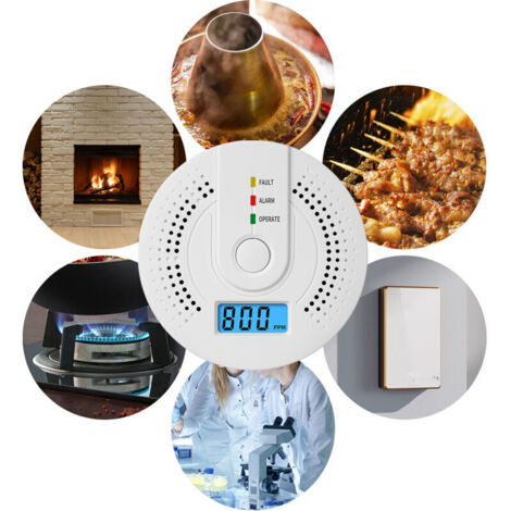 Set of 3 battery-operated carbon monoxide detectors with digital LCD ...