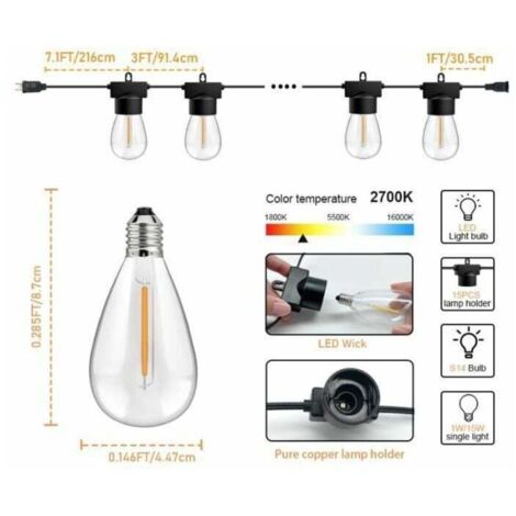 15M Outdoor LED String Lights with 15 E27 S14 Bulbs, IP44 Waterproof ...