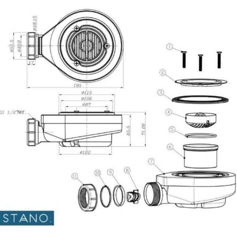 Horizontal drain without cover Ø90 for shower trays