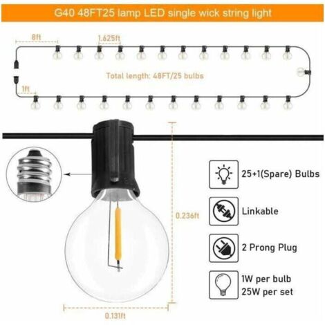 15M Outdoor LED String Lights with 25 E27 G40 Bulbs, IP44 Waterproof ...