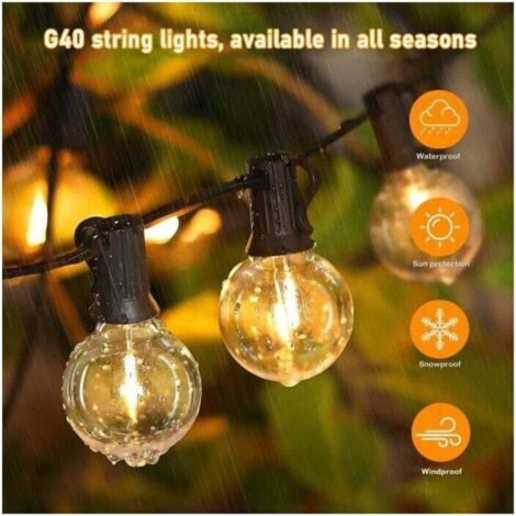 15M Outdoor LED String Lights with 25 E27 G40 Bulbs, IP44 Waterproof ...