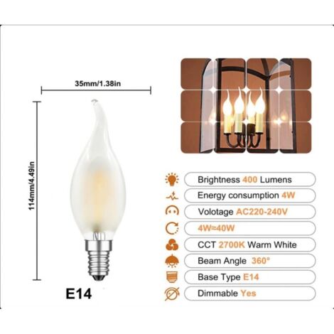 Pack of 6 E14 LED Filament Bulbs, 4W, Flame Shape, Warm White 2700K ...