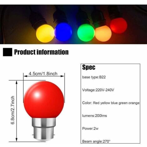 Pack of 20 B22 color LED bulbs, 2W bayonet bulbs, Red, Yellow, Orange ...
