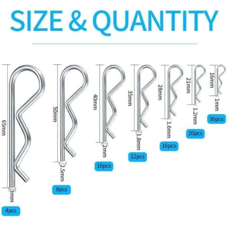 100 Pieces Retaining Pins, R Clips Split Pins, Assortment of Spring ...