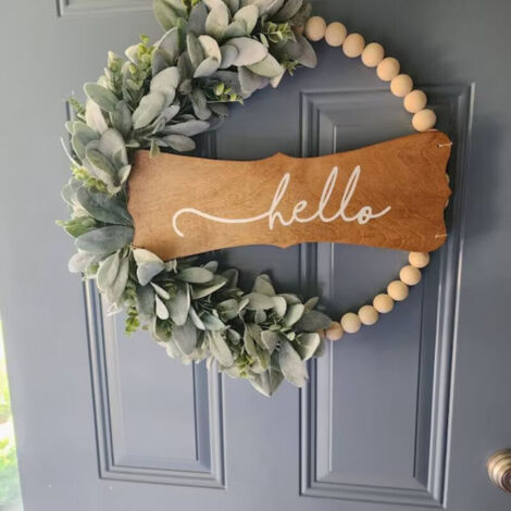 Hello wreath, modern wooden bead wreath with lamb's ear leaves, floral ...