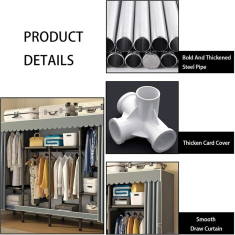 Canvas Wardrobe, Fabric Clothes Rack with Clothes Rail and Dust Cover ...
