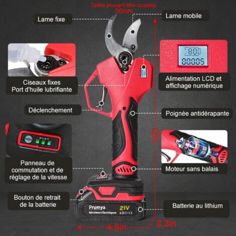 50mm Cordless Electric Pruner, Garden Pruner with 2 Batteries and LCD ...