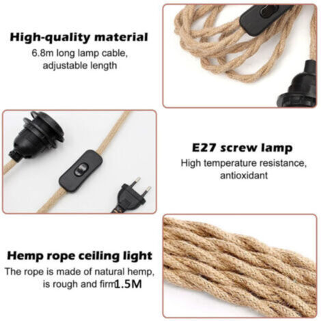 E27 Lamp Socket 6.8m, Hanging Chandelier Rope, E27 Socket Switch, 3 ...