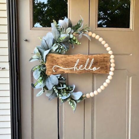 Hello wreath, modern wooden bead wreath with lamb's ear leaves, floral ...