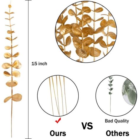 Set of 24 artificial gold eucalyptus stems, decorative fake leaves for ...