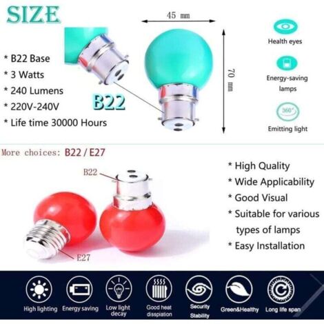 B22 3W LED Color Bulbs, Equivalent to 30W, 300LM, AC 220V, B22 Bayonet ...