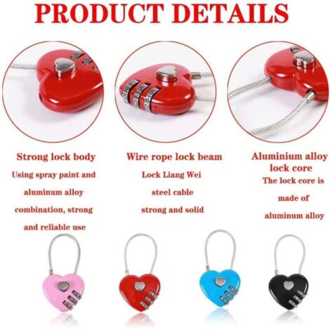 Set of 4 heart-shaped padlocks, mini combination lock, metal cable, 3 ...