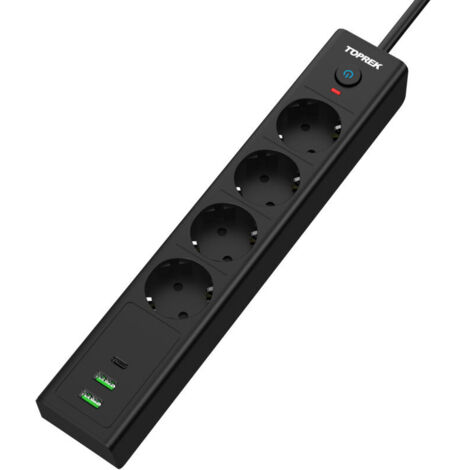TOPEREK 4-outlet EU wall power strip, 4000W 16A, 2m cable, USB not ...
