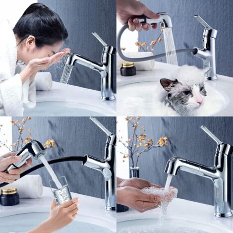 Bathroom sink faucet with pull-out spray, single-lever mixer tap with 2 ...