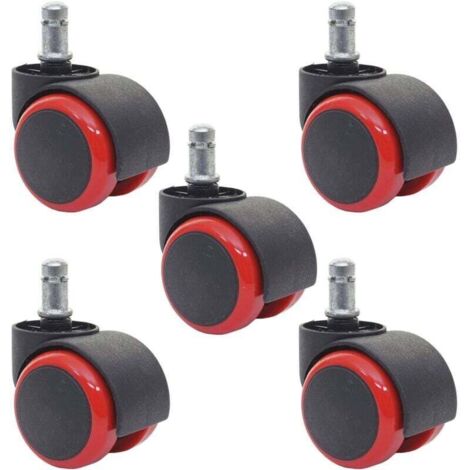 Set of 5 swivel chair casters, 50 mm, made of red polyurethane plastic