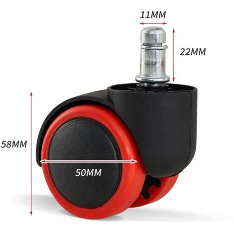 Set of 5 swivel chair casters, 50 mm, made of red polyurethane plastic