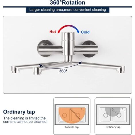 Wall-mounted kitchen tap, 360° swivel, stainless steel, adjustable ...