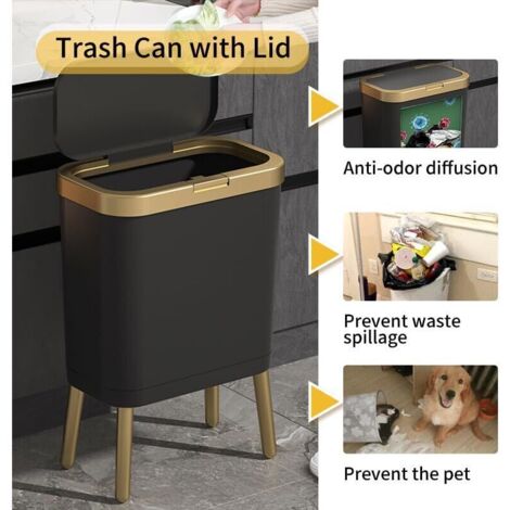 Trash can with lid, black bathroom bin with gold rim, modern narrow bin ...