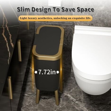 Trash can with lid, black bathroom bin with gold rim, modern narrow bin ...