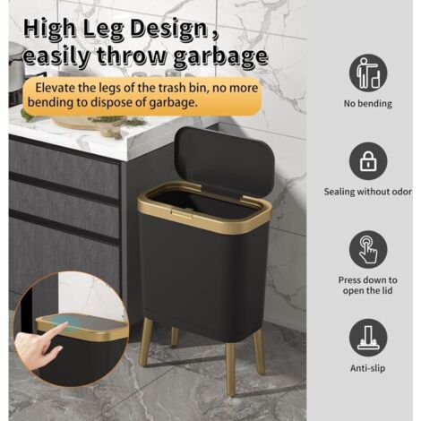 Trash can with lid, black bathroom bin with gold rim, modern narrow bin ...