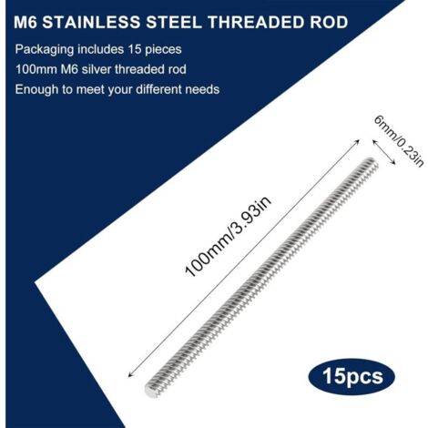 15 Pieces M6 x 100mm Threaded Rod, Stainless Steel M6 Threaded Rods ...