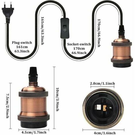 E27 socket with switch. 3.5-meter fabric-covered electrical cord for ...