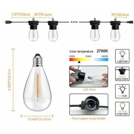 Guirnalda de luces LED para exteriores de 15 m con 15 bombillas E27 S14 ...