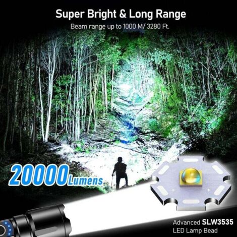 Extrem leistungsstarke LED-Taschenlampe, 20000 lm, wiederaufladbar ...