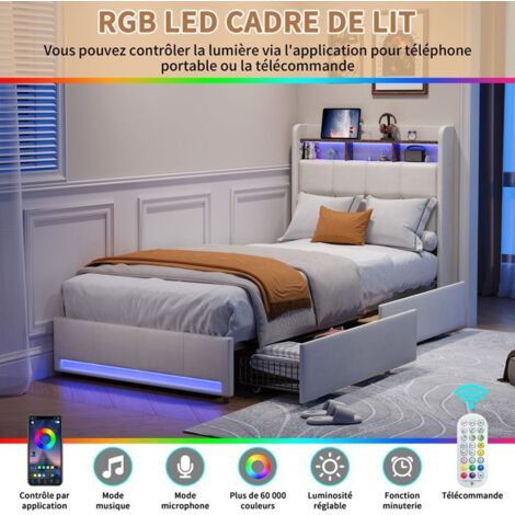 Lit enfant 90x200 cm - Lit capitonné - 2 tiroirs - Éclairage LED - Beige