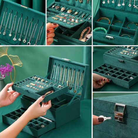 Joyero para mujer, 3 niveles de terciopelo, con cerradura, caja de ...