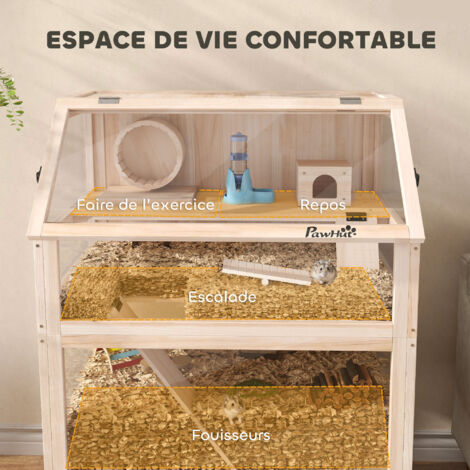 Cage pour hamster 3 niveaux XL en bois naturel avec paroi acrylique ...
