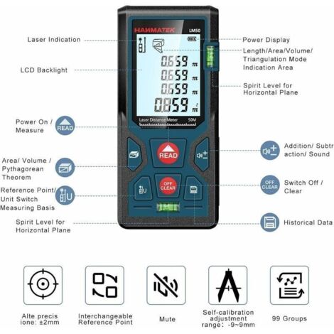 Hanmatek LM50 50m Digitaler Laser-Entfernungsmesser. misst Länge/Fläche ...