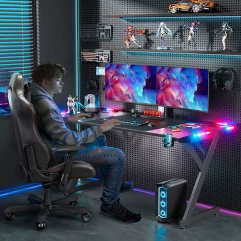 HLONONE LED Escritorio Gaming 160 x 60 cm, con Porta-bebidas y Gancho ...