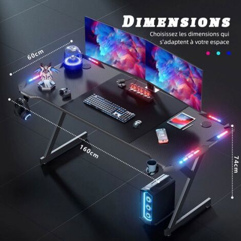 HLONONE LED Escritorio Gaming 160 x 60 cm, con Porta-bebidas y Gancho ...