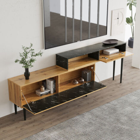 Support TV Moderne avec Design Marbre et Grain de Bois, Bord en PVC ...
